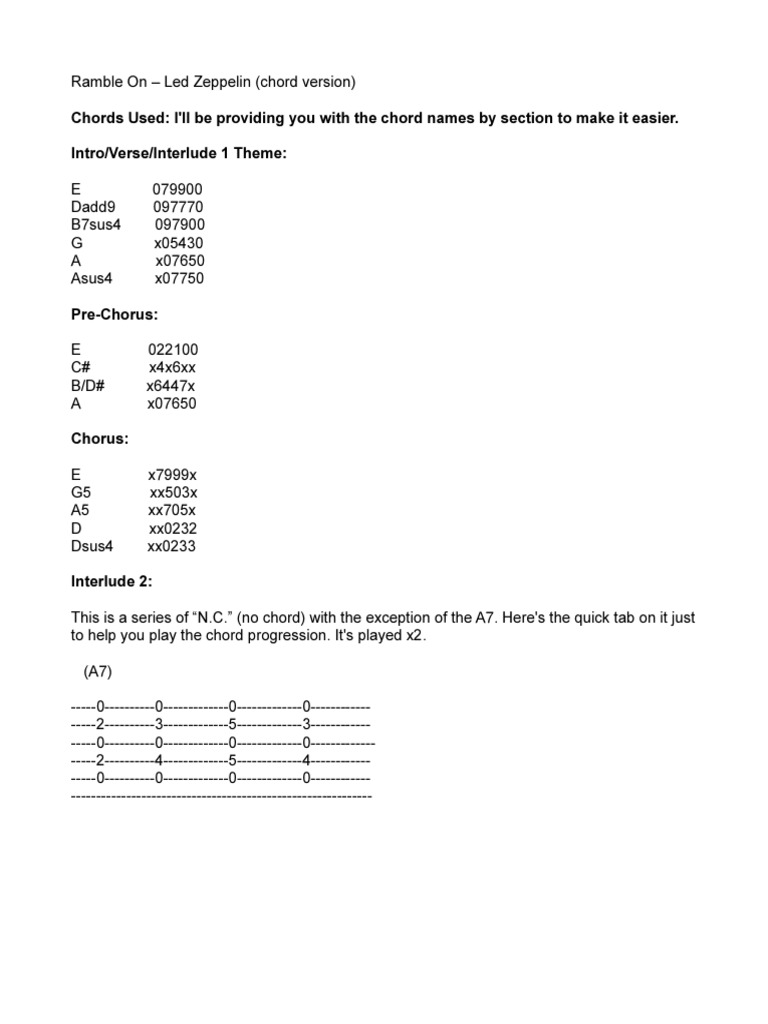 Ramble On Led Zeppelin Chord Guide | PDF | Song Structure | Songs
