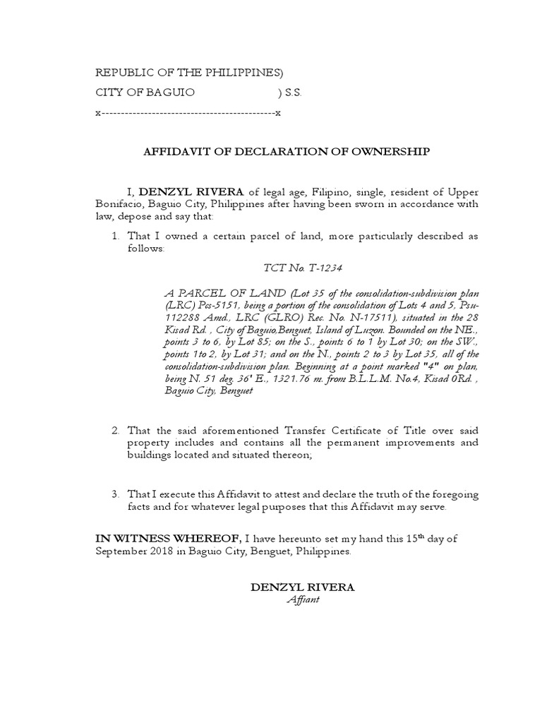 Legal Forms: Affidavit of Declaration of Ownership | PDF | Affidavit ...