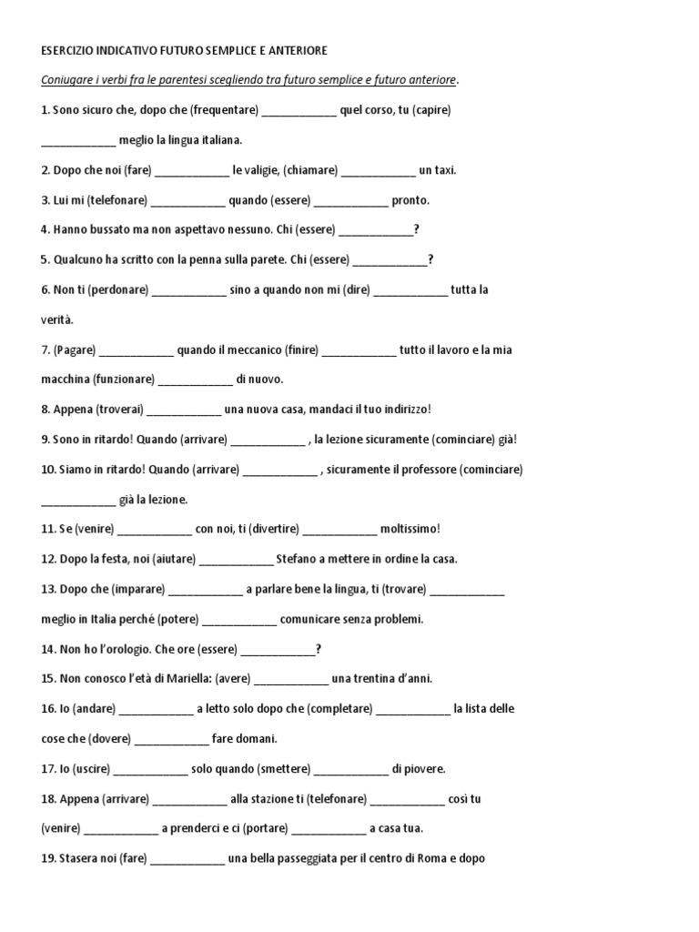 Esercizio Indicativo Futuro Semplice e Anteriore | PDF