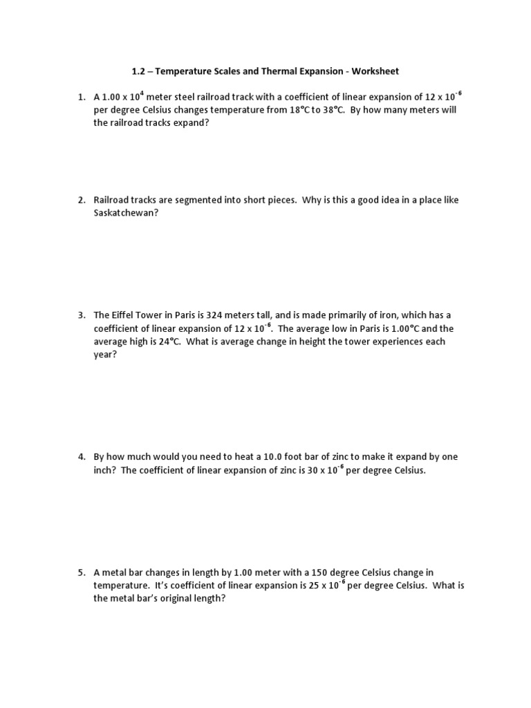 Thermal Expansion Worksheet for Physics | PDF