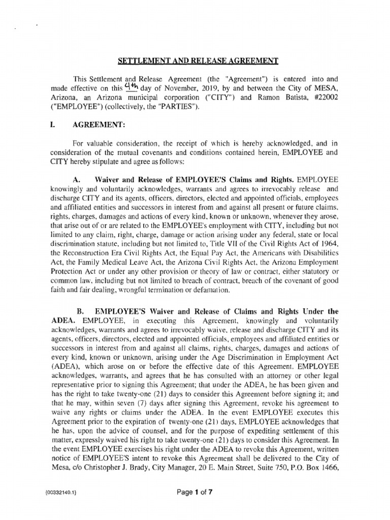 Fully Executed Settlement and Release Agreement - 1461046887 | PDF ...