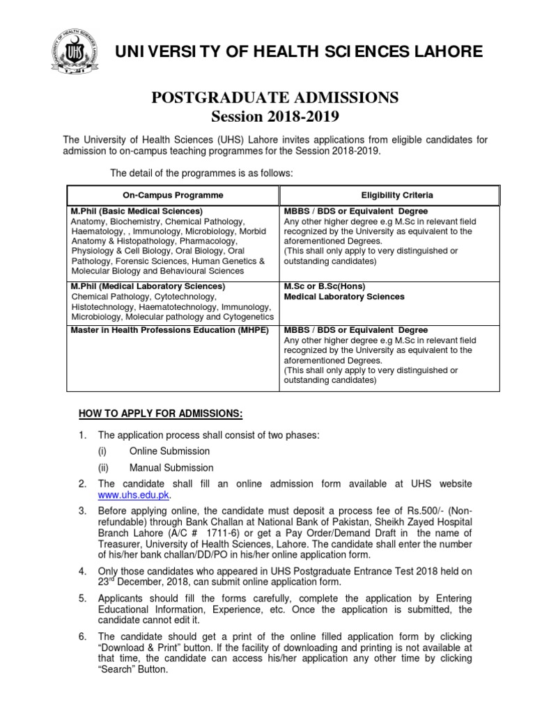 UHS Lahore Postgraduate Admissions 2018-19 | PDF | Pathology | Dental ...