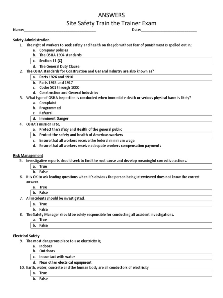 OSHA Safety Training Exam Answers | PDF | Occupational Safety And ...