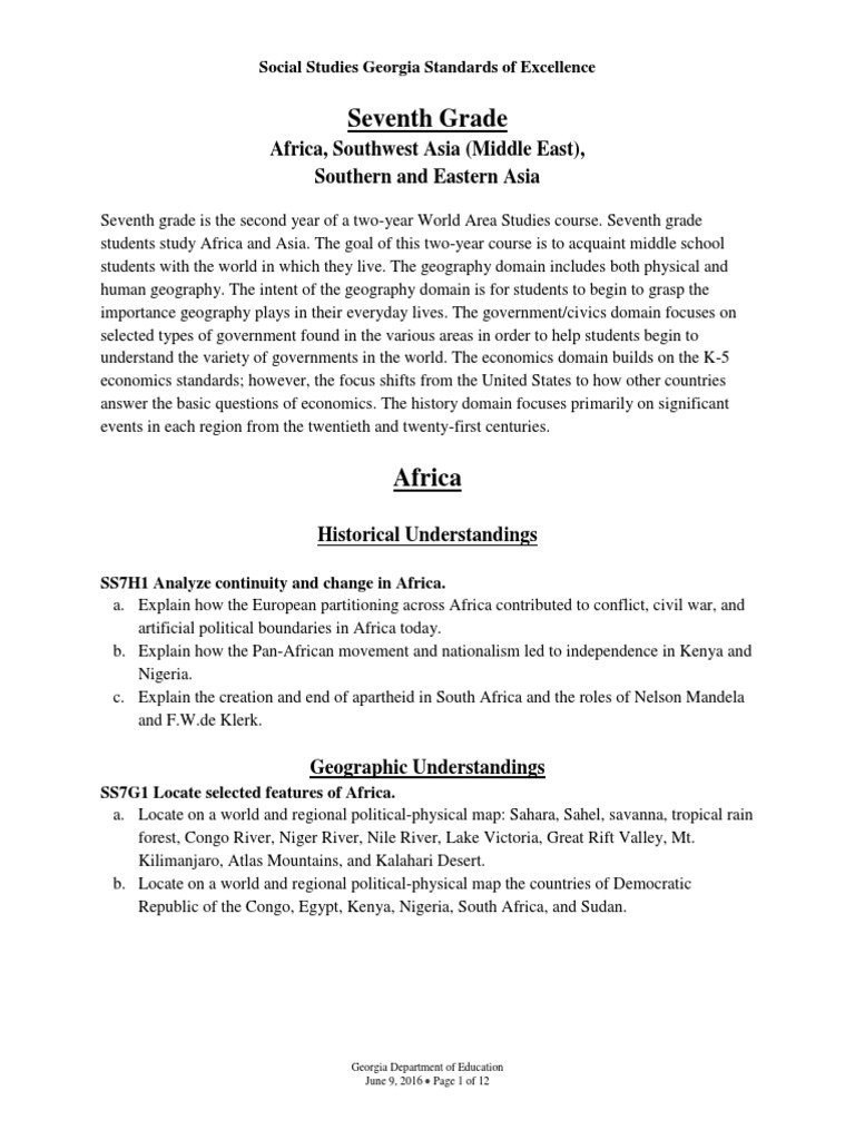 Social Studies 7th Grade Georgia Standards | PDF | Middle East | Africa