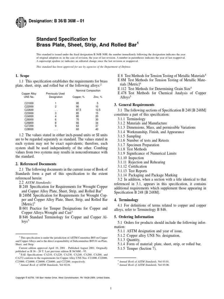 Brass Plate, Sheet, Strip, and Rolled Bar: Standard Specification For ...