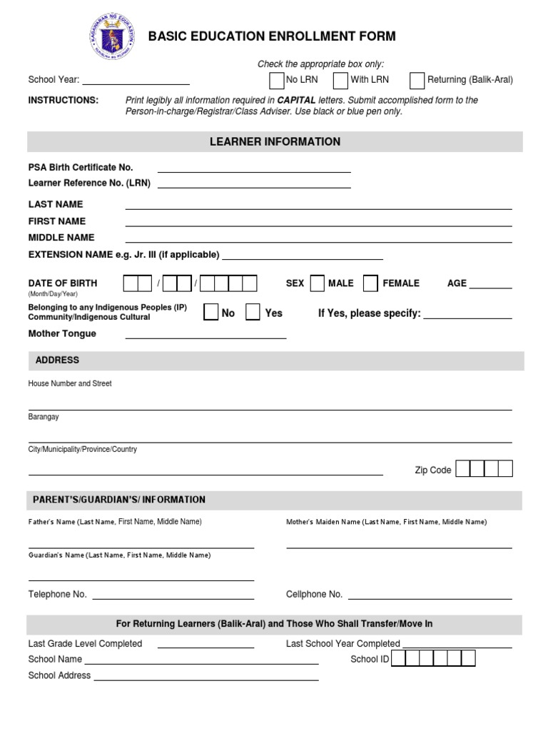 Basic Education Enrolment Form (DepEd) | PDF | Birth Certificate | Schools