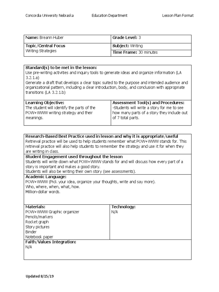 Concordia University Nebraska Education Department Lesson Plan Format ... Concordia University Nebraska Education Department Lesson Plan Format ...