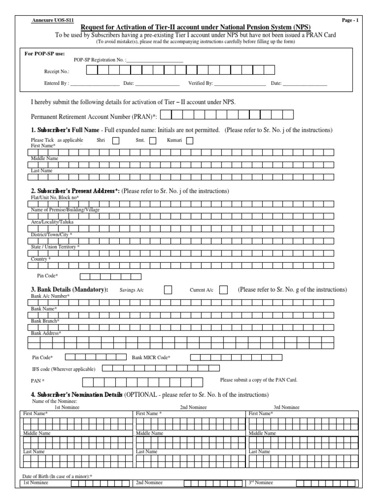 Form S11 For Subscribers Having A Tier I Account Without A PRAN Card ...