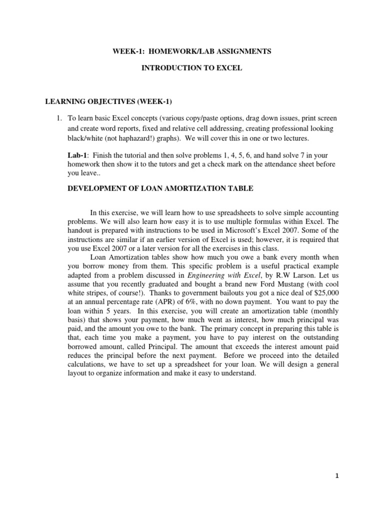 Week-1: Homework/Lab Assignments Introduction To Excel | PDF ...