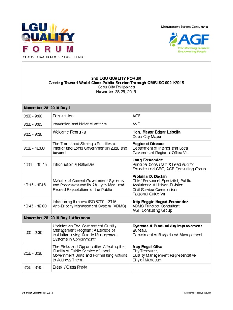 2019 LGU Quality Forum Agenda | PDF | Iso 9000 | Business