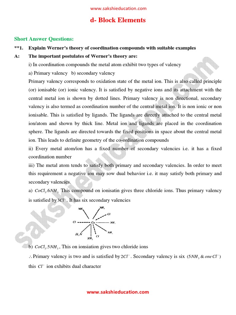 D-Block Elements: Short Answer Questions | PDF | Valence (Chemistry ...