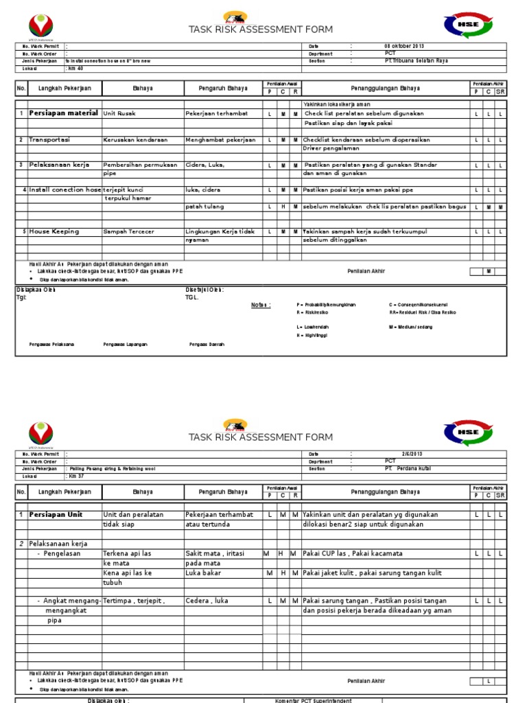Task Risk Assessment Form: Persiapan Material | PDF