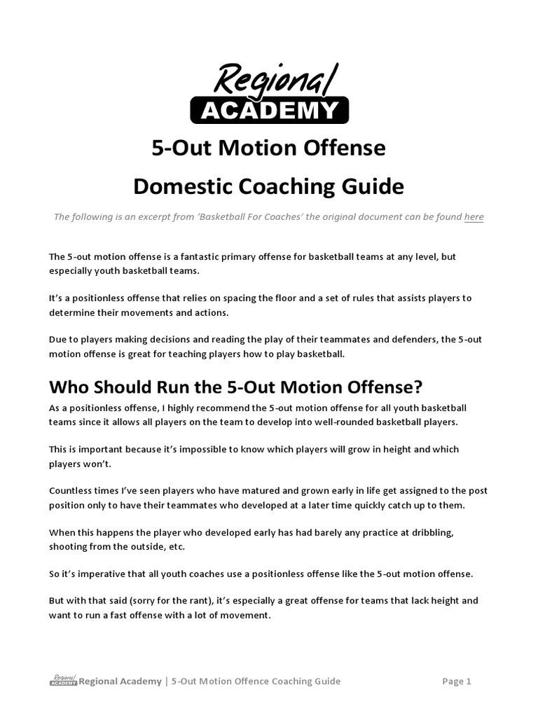 5-Out Motion Offense Domestic Coaching Guide | PDF | Teams | Sports