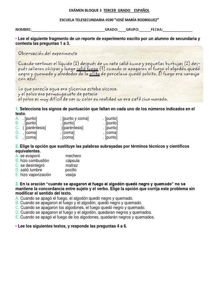 Exámen Bloque 3 Tercer Grado Español | PDF | Escritura | Iglesia Católica