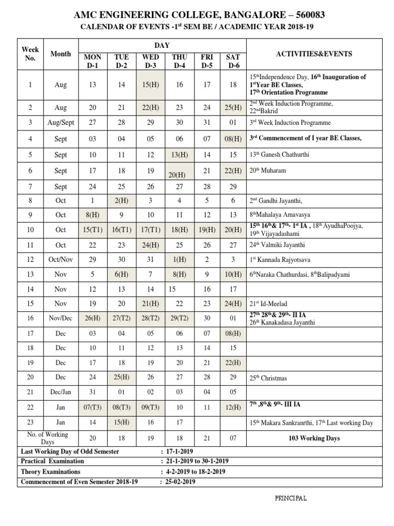 Amc Engineering College, Bangalore - 560083: Calendar of Events - 1 Sem ...