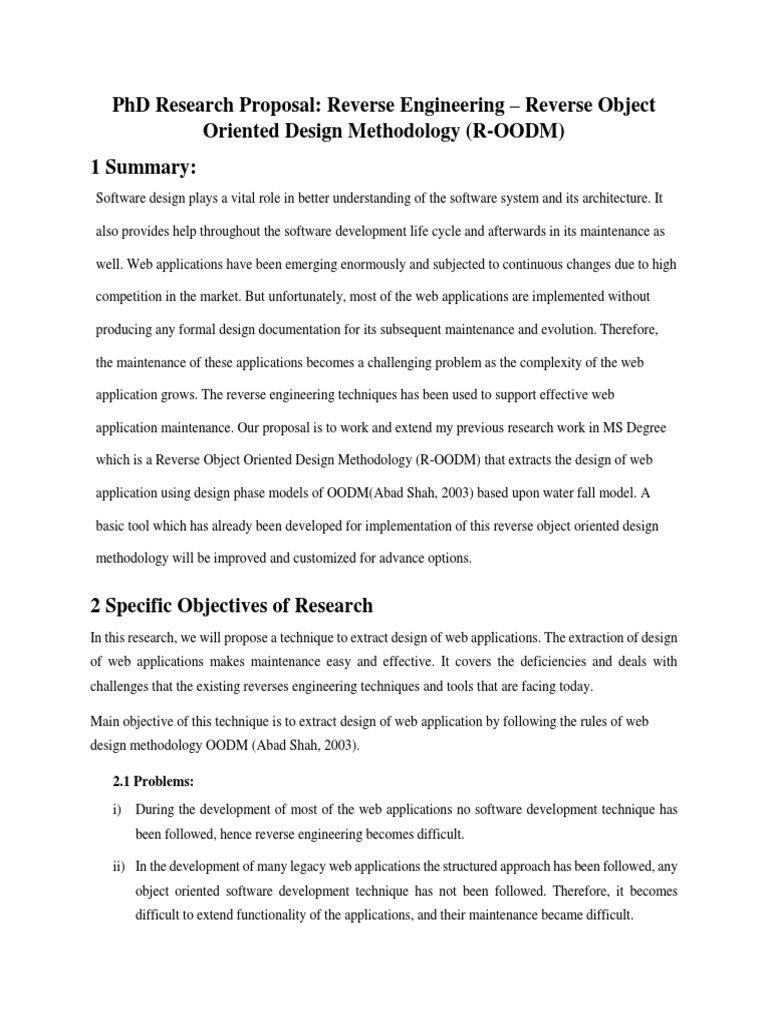 PHD Research Proposal: Reverse Engineering - Reverse Object Oriented Design Methodology (R-Oodm ...