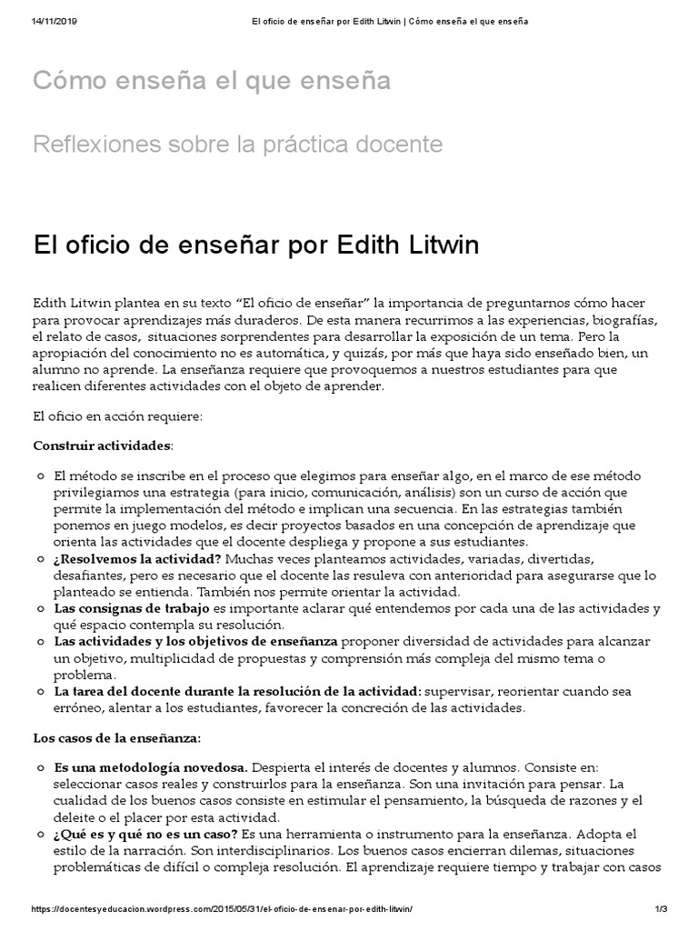 RESUMEN El Oficio de Enseñar Por Edith Litwin - Cómo Enseña El Que Enseña | PDF | Aprendizaje ...