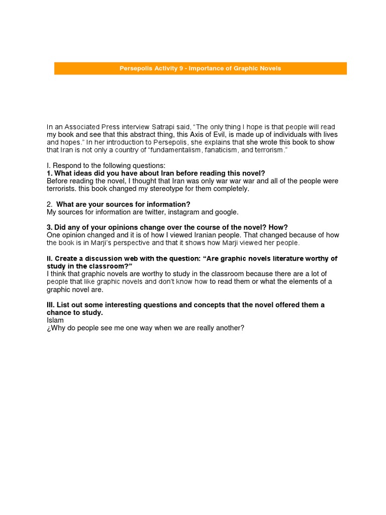 Persepolis Activity 9 - Importnace of Graphic Novels | PDF