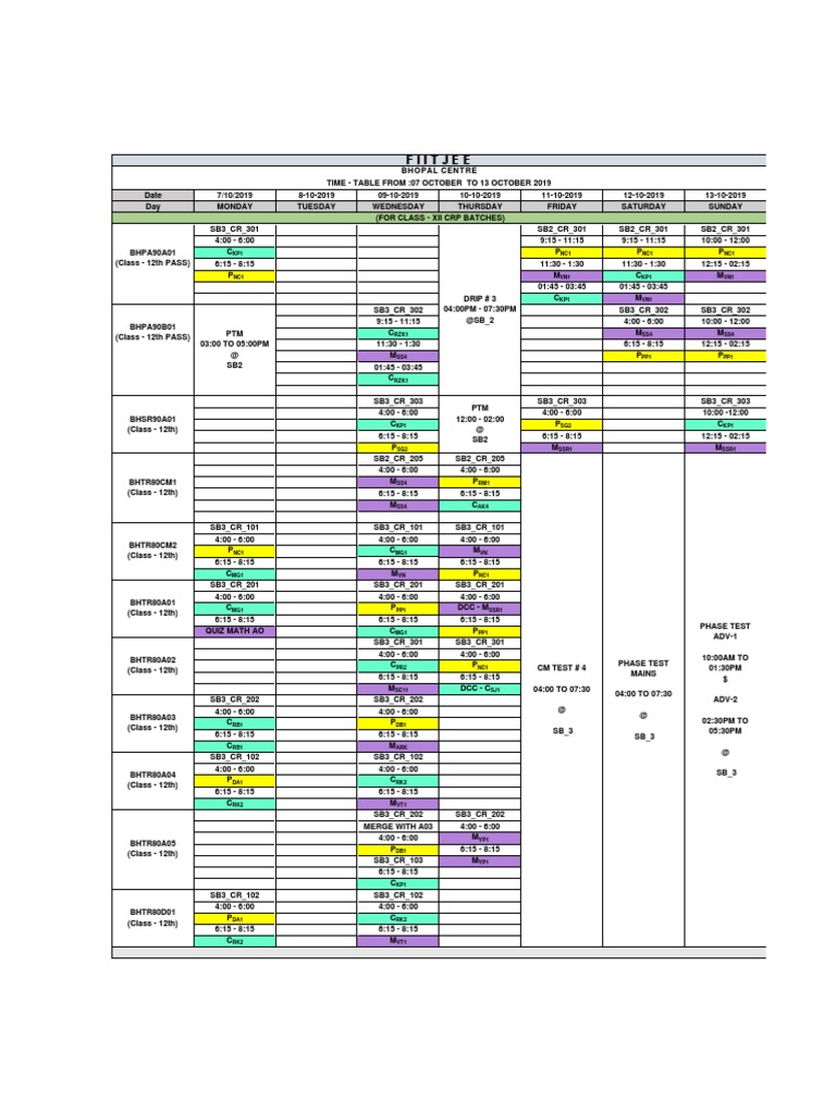 FIITJEE Bhopal Time Table Oct 2019 | PDF