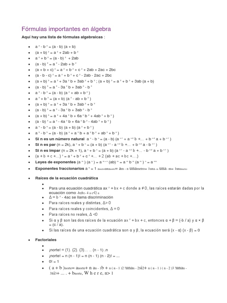 Lista De Fórmulas De álgebra PLANTEO DE ECUACIONES CONCEPTOS Y