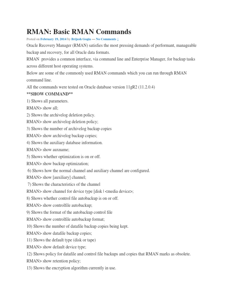 RMAN: Basic RMAN Commands: Show Command | PDF | Backup | Computer File