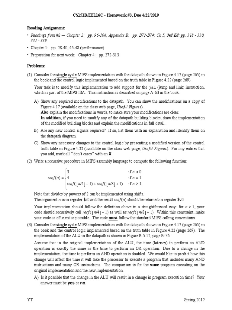 Modifications to Support the jal Instruction in a Single Cycle MIPS Processor | PDF | String ...
