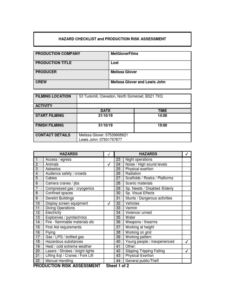 Film Production Risk Assessment Checklist | PDF | Hazards | Safety