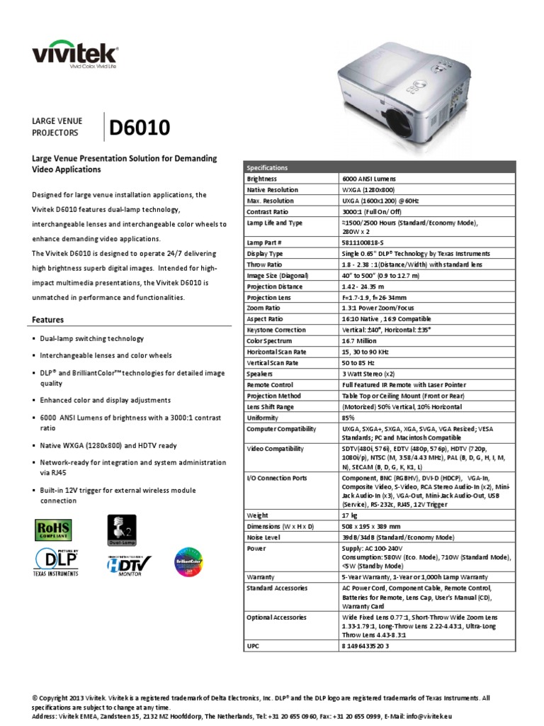 Vivitek D6010 Datasheet | PDF | Display Resolution | Filmmaking