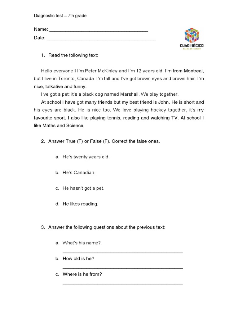 Diagnostic Test 7th | PDF