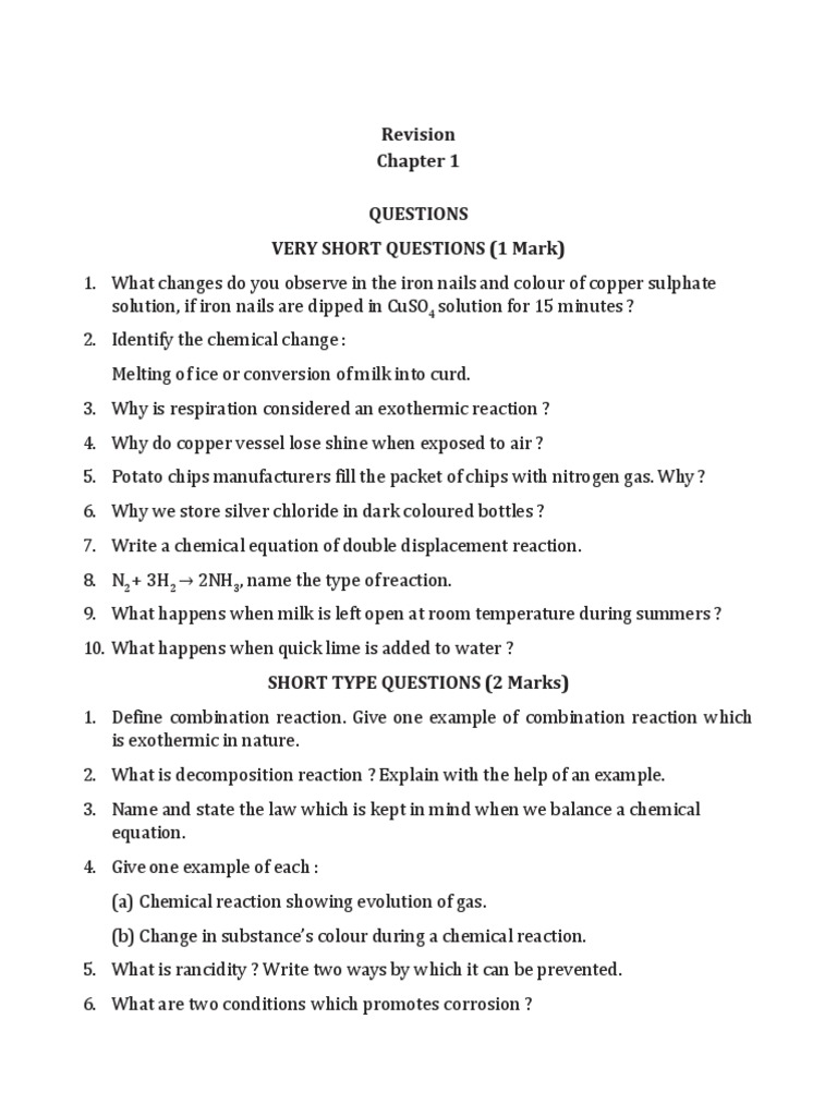 Chapter 1 Questions Science - 10 | PDF | Chemical Reactions | Redox