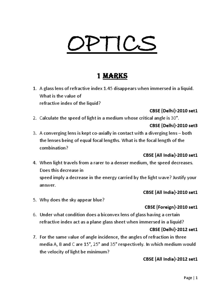 Optics: 1 Marks | PDF | Diffraction | Refractive Index