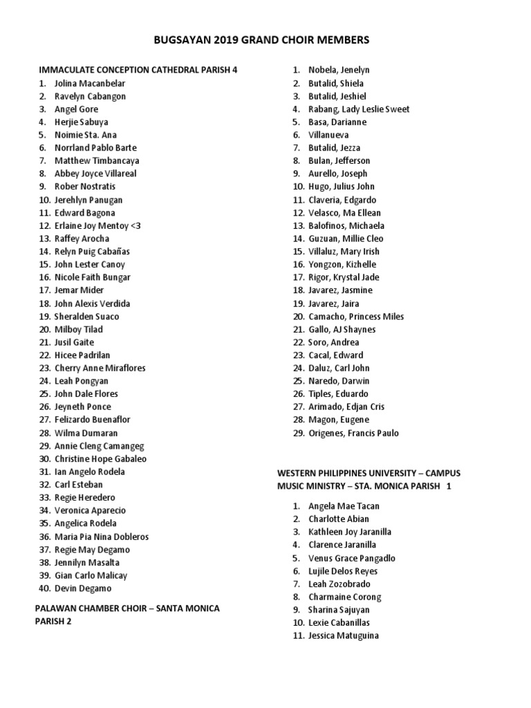 Bugsayan 2019 Grand Choir Members | PDF