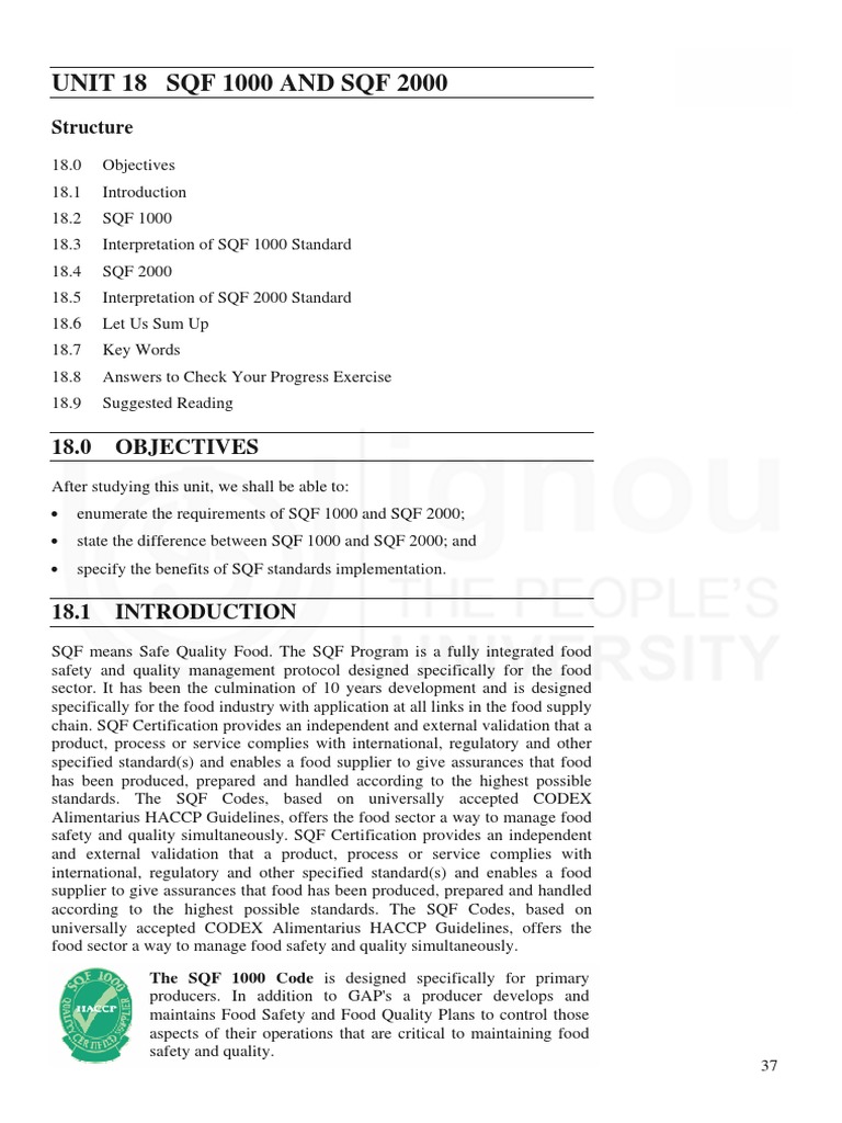UNIT 18 SQF 1000 AND SQF 2000: 18.0 Objectives | PDF | Food Safety | Audit