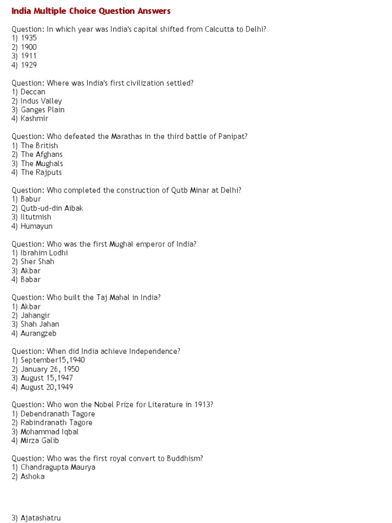 India Multiple Choice Question Answers | PDF | Mughal Empire | Delhi