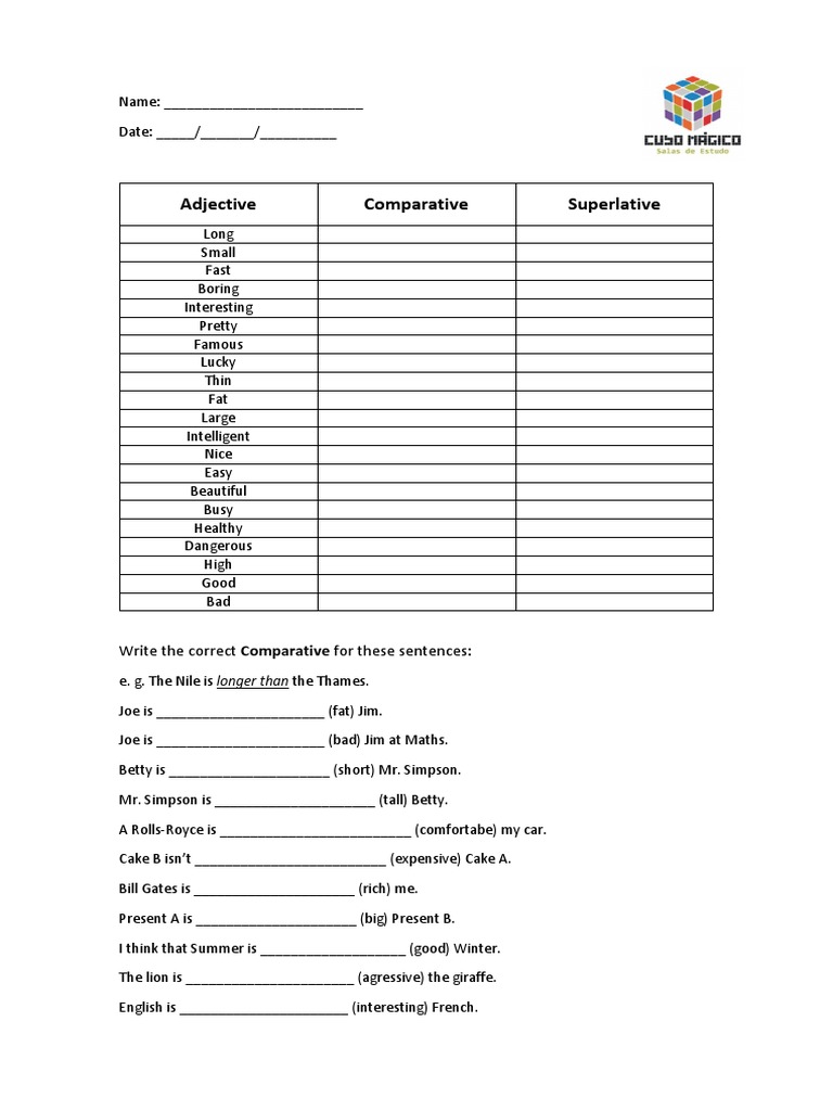 Adjective Comparative Superlative: Write The Correct Comparative For These Sentences | PDF | Grammar