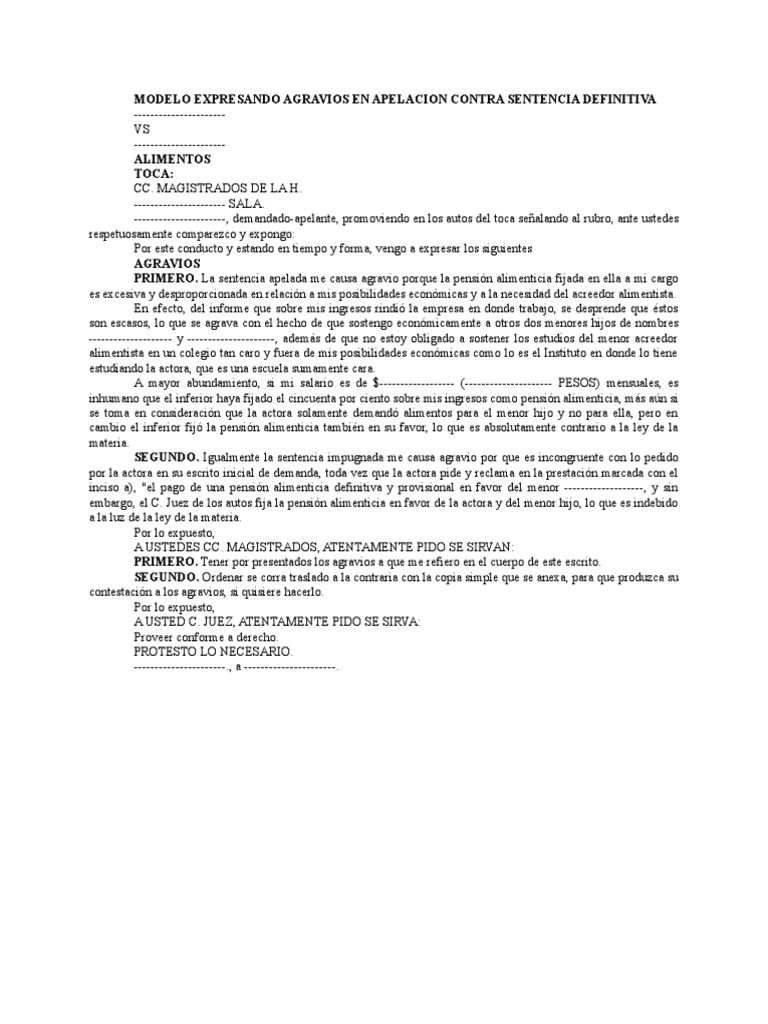 Modelo Expresando Agravios en Apelacion Contra Sentencia Definitiva | PDF | Pensión alimenticia ...
