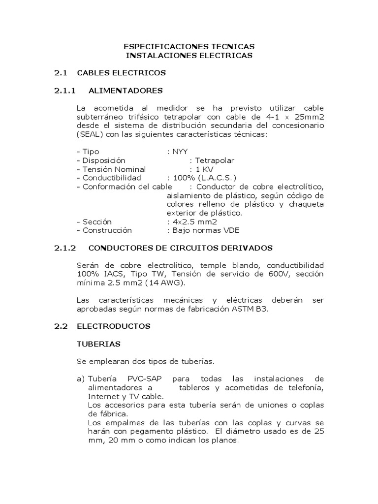 Especificaciones Tecnicas Electricas | PDF | Cobre | Electricidad