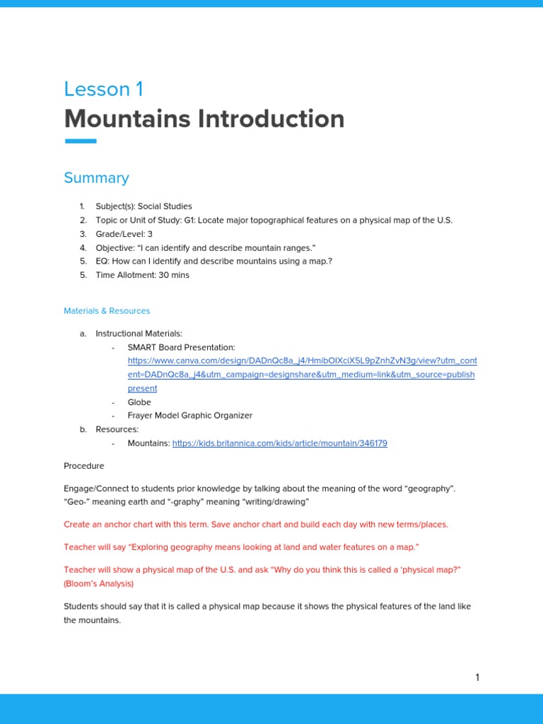 Mountains Introduction: Lesson 1 | PDF | Differentiated Instruction ...