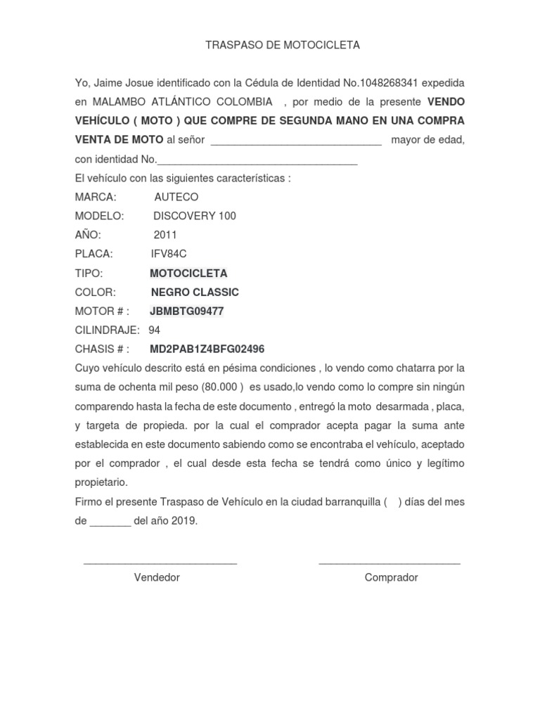 Traspaso de Propiedad Vehicular Ejemplo | PDF | Vehículo de motor ...