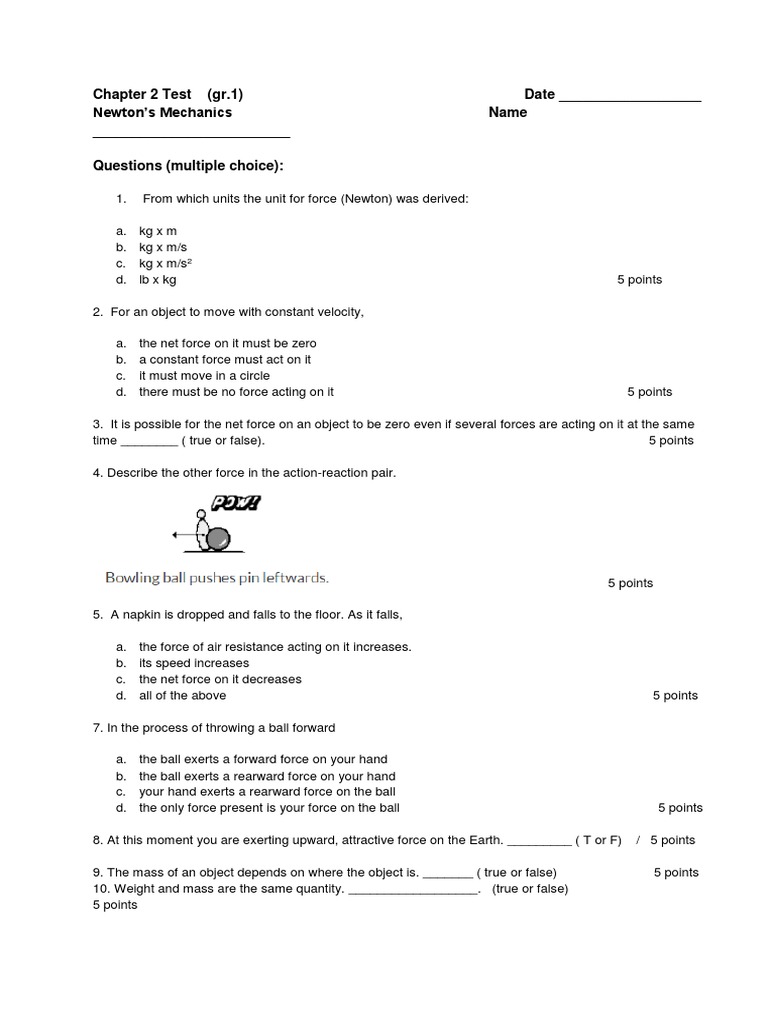 Newton's Laws of Motion Test | PDF | Force | Mass