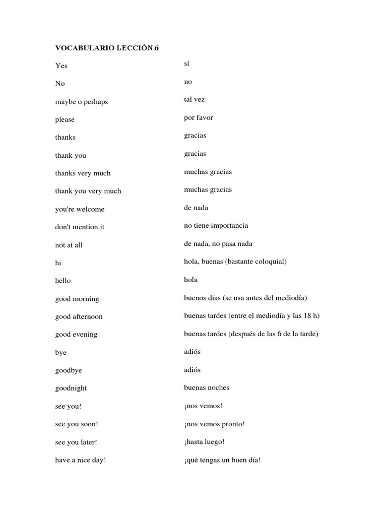Microsoft Word - Lesson 6 Vocabulario | PDF