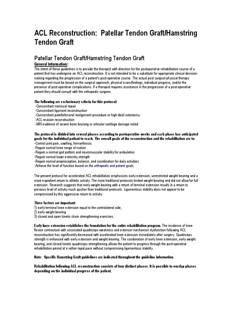 ACL Reconstruction: Patellar Tendon Graft/Hamstring Tendon Graft | PDF ...