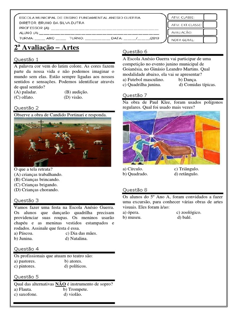 Avaliação de Artes: Questões Diversas | PDF | Arte