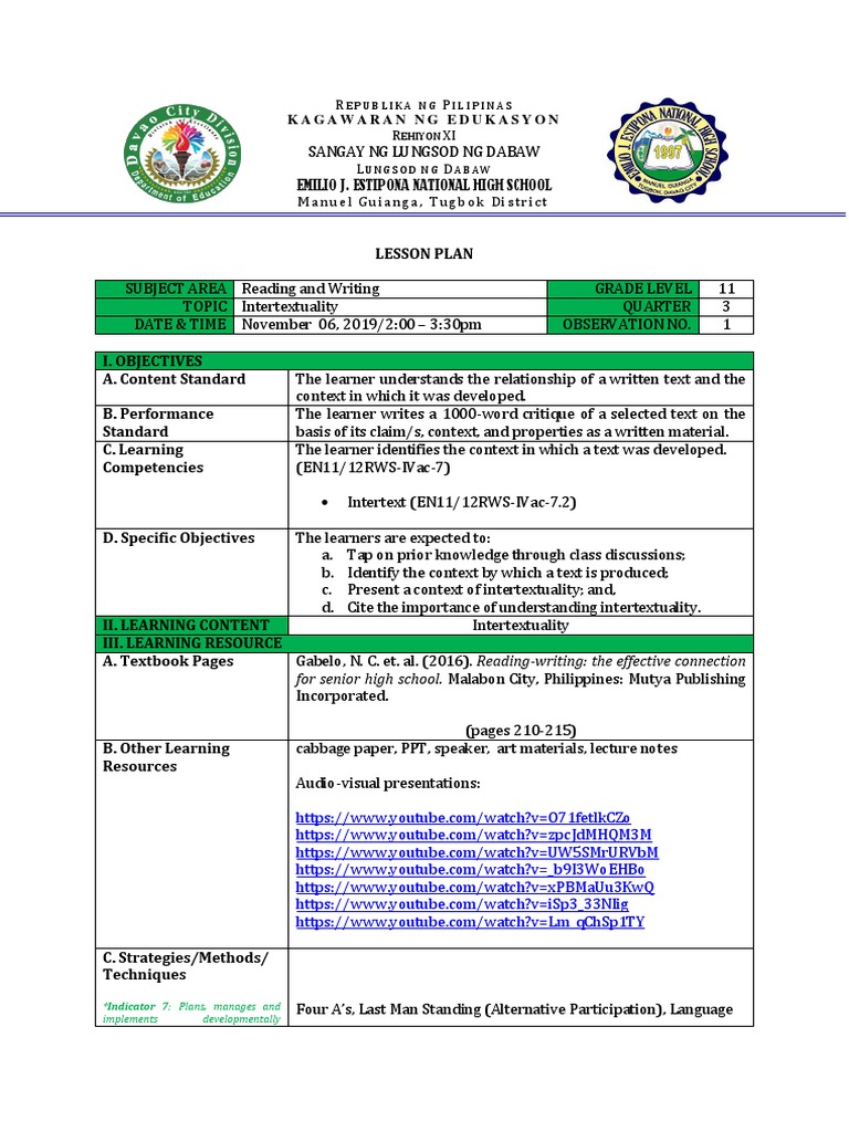 Lesson Plan on Intertextuality for Grade 11 | PDF | Intertextuality | Learning