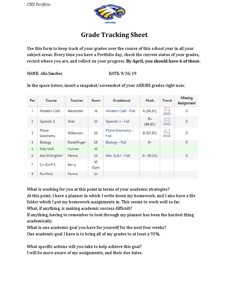 9 26 19 Grade Tracking Sheet | PDF | Business | Self-Improvement