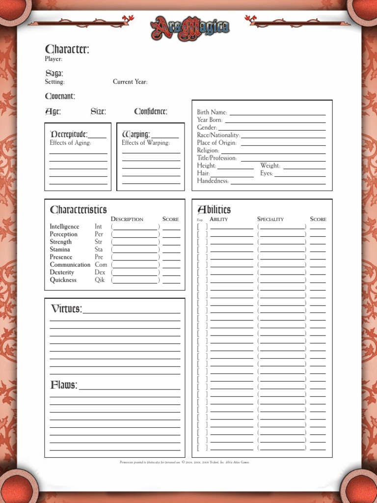 Ars Magica 5E - Character Sheet PDF | PDF | Role Playing | Gaming