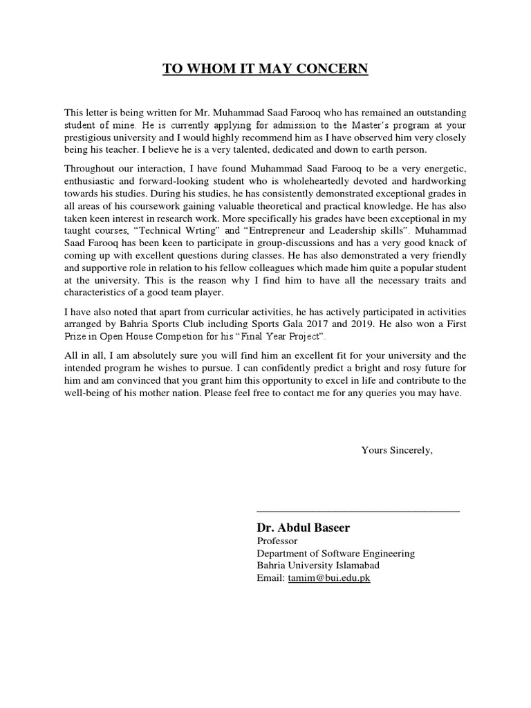 Recommendation Letter Sir Tamim | Download Free PDF | Cognition | Behavior Modification