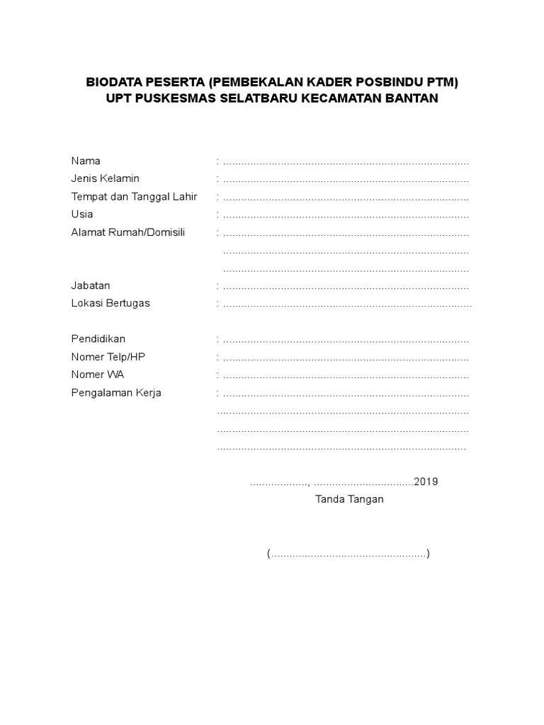 Form Biodata Kader Posbindu | PDF