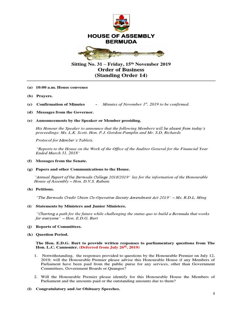 Order of Business Friday, November 15, 2019 | PDF | The Honourable ...