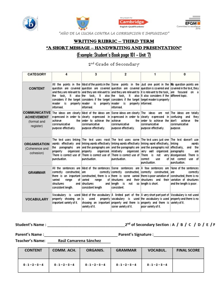 Writing Rubric Tok 3RD Term | PDF | Communication | Cognitive Science